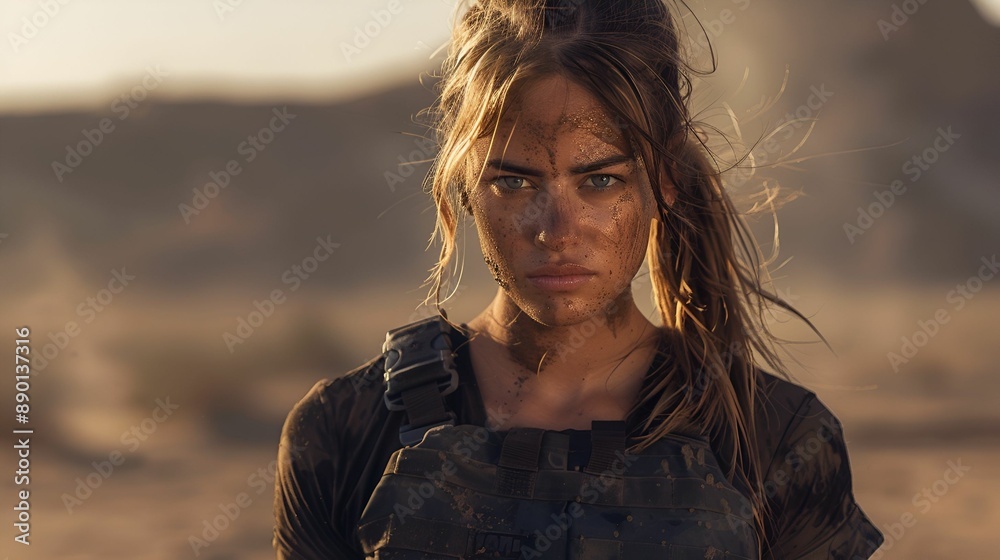 A young woman with a determined expression stands in a desert ...