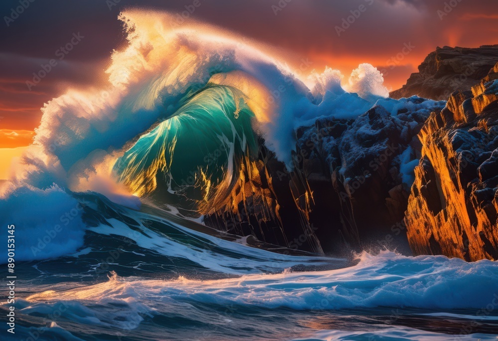 powerful waves crashing dramatically into coastal caves, water, motion ...