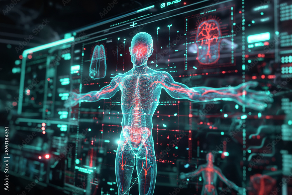 doctor looking at x ray image of human brain and body at virtual screen ...