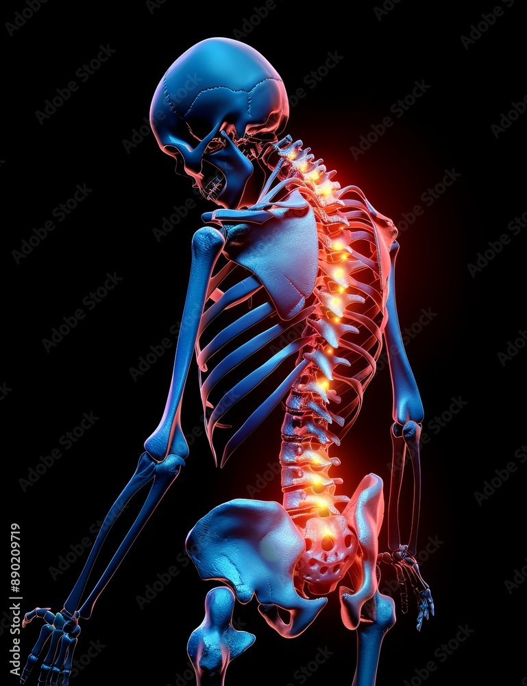 Human skeleton with glowing red spine as a symbol of back pain. Black ...