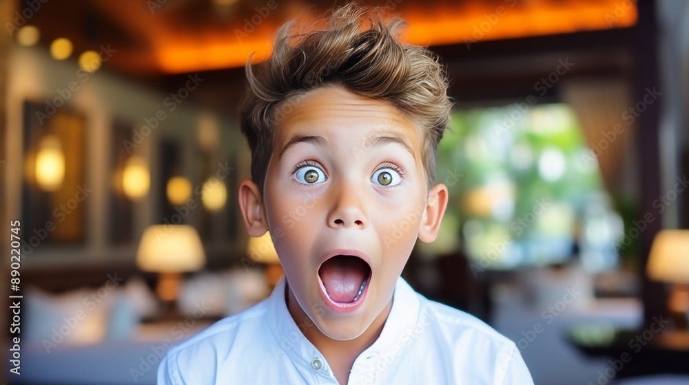 Foto de Stock Excited young boy student in classroom celebrating end of ...