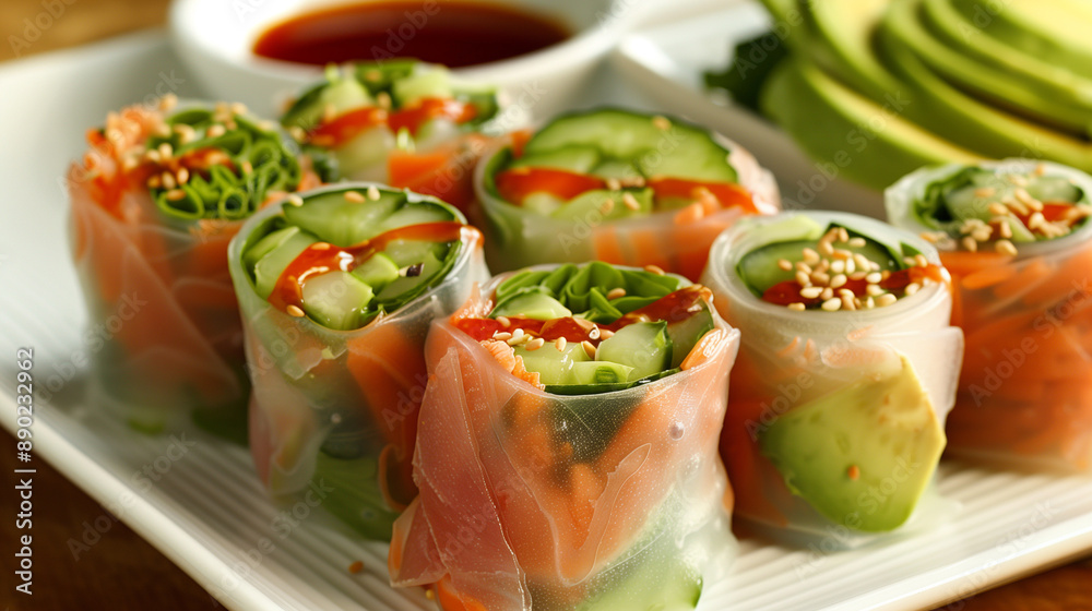 Fusion spring rolls with spicy tuna avocado cucumber sriracha mayo ...