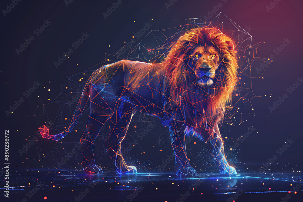 Digital wireframe polygon illustration of the Leo zodiac sign ...