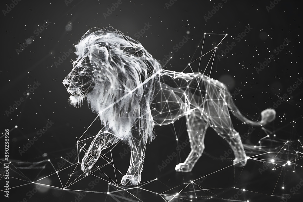 Digital wireframe polygon illustration of the Leo zodiac sign ...