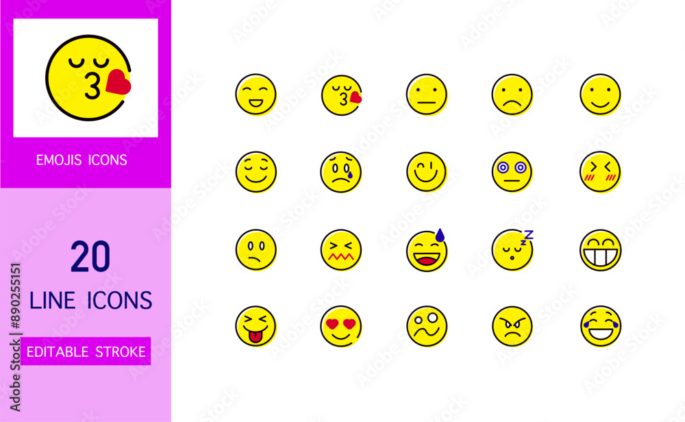 Emojis. Emotions. A vector image. Editable icons. Linear style ...