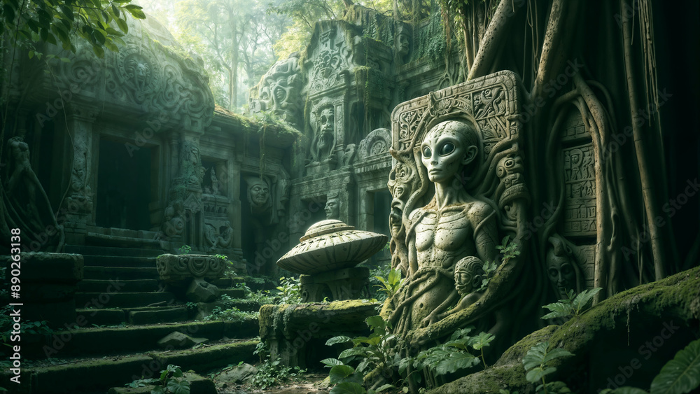 Ancient stone temple overgrown with vines in jungle, alien-like ...