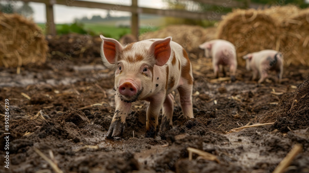 Piglet in mud with hay bales. Close-up photo of a small pink and white ...