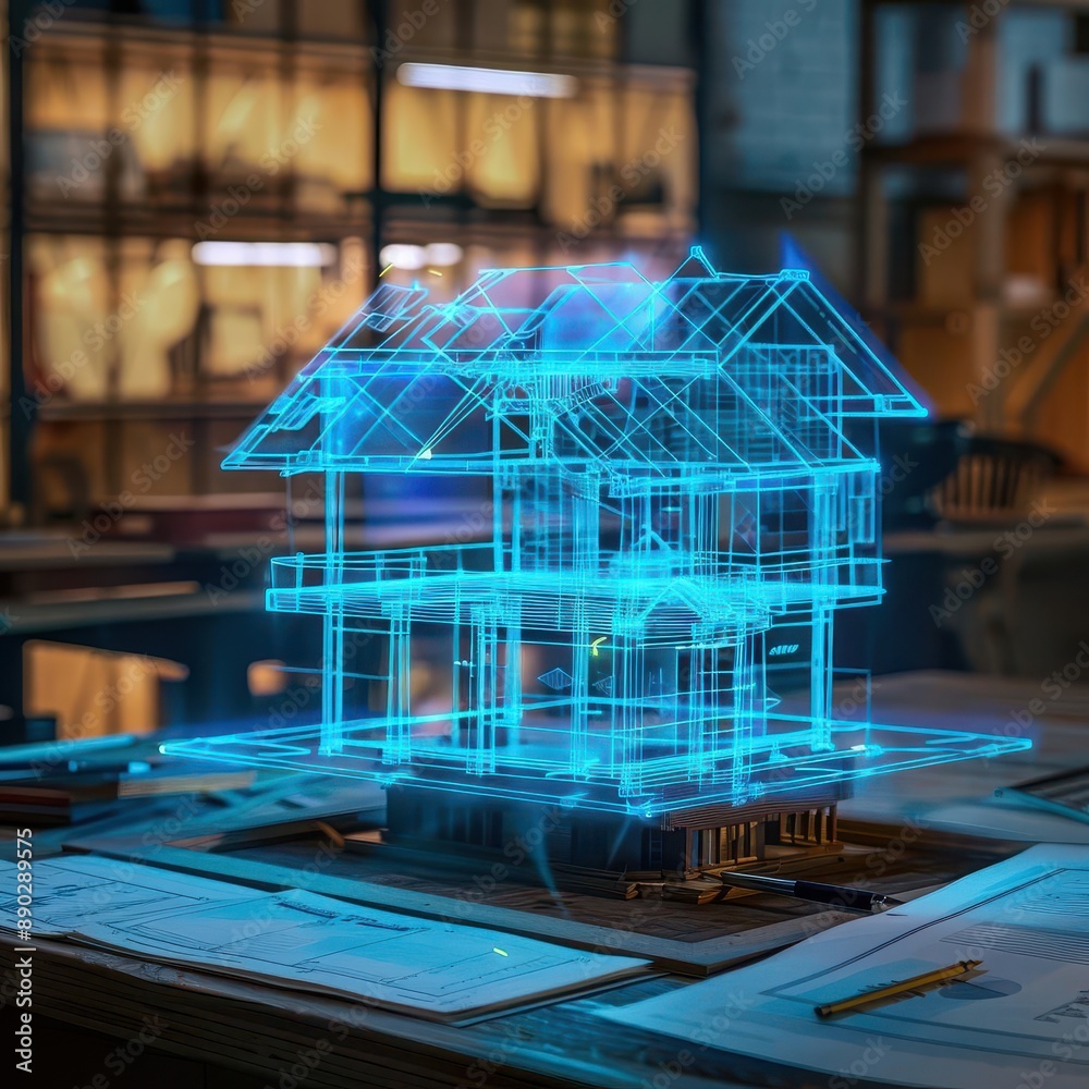 architectural blueprint morphing into a 3d holographic house model ...