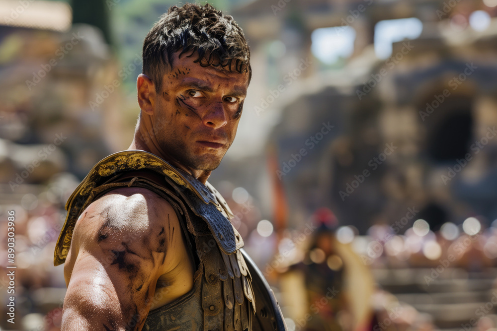 Intense Roman gladiator in ancient armor looking fierce in historic ...