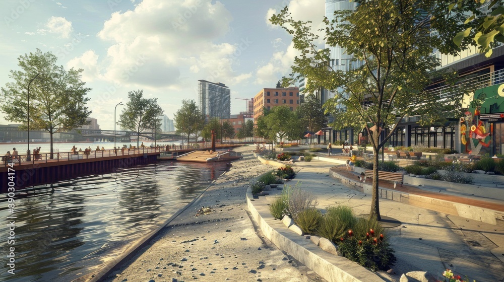 Generate a photo realistic image of revitalized urban waterfronts with ...