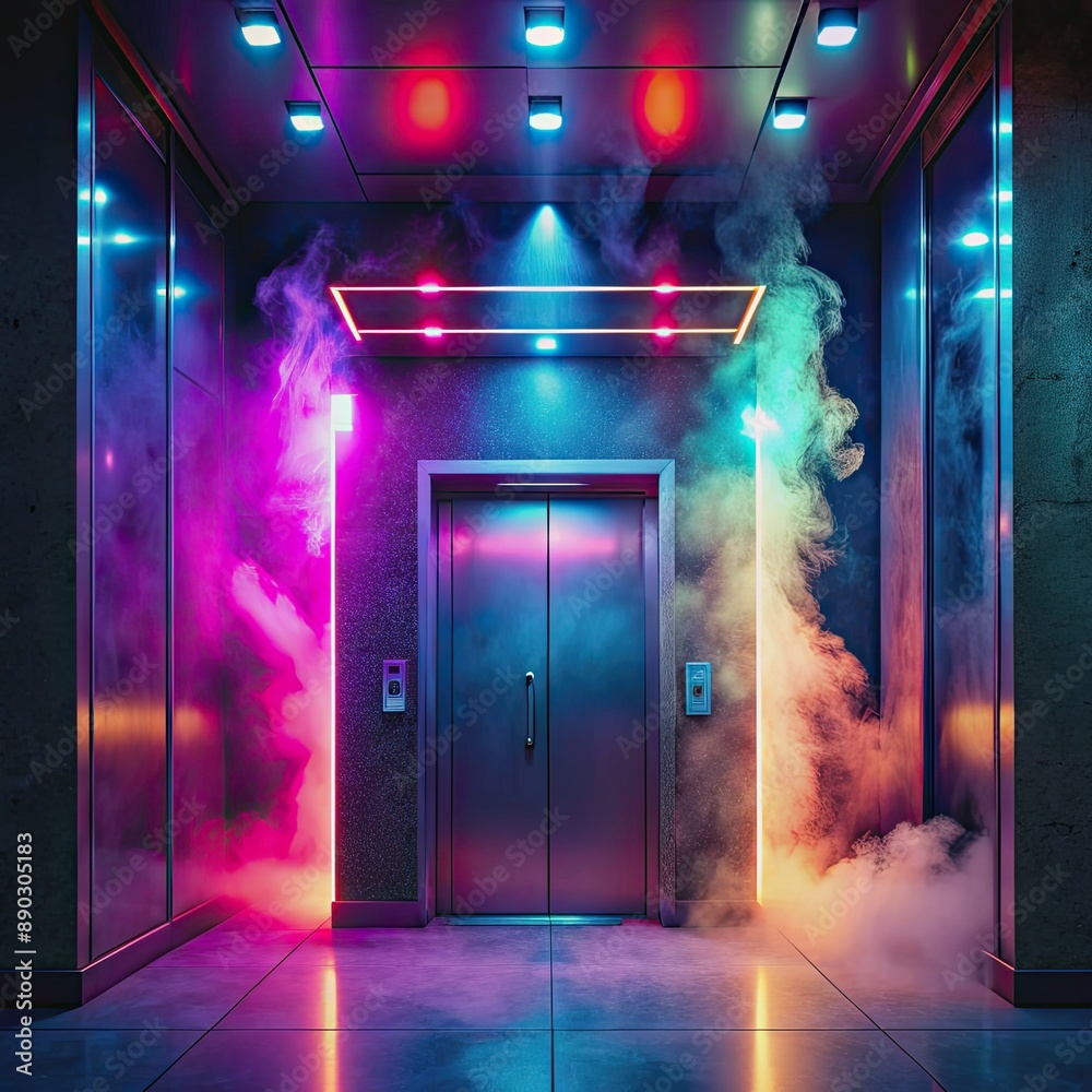 Vibrant smoke wafts out of an open elevator door, illuminated by neon ...