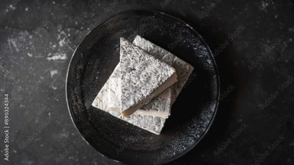 Goat cheese with gray mold arranged as a pyramid on a black plate ...