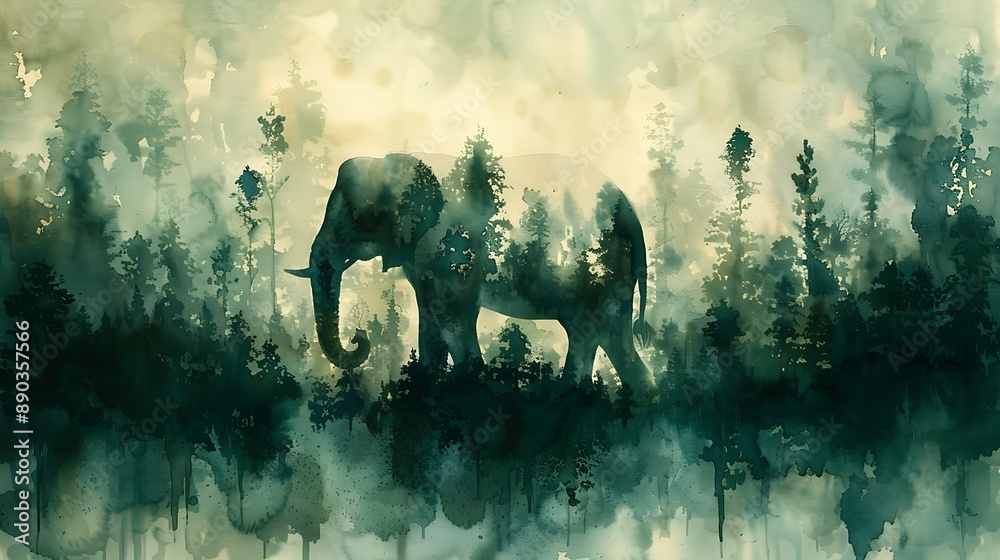A mystical watercolor painting of an elephant, its silhouette filled ...