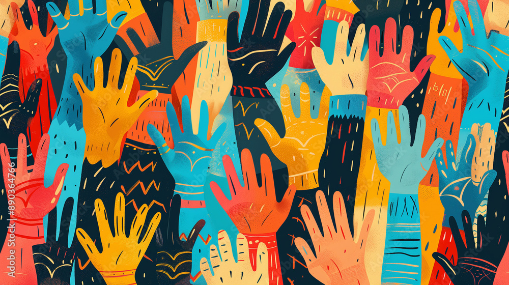 The drawing showing diverse, colorful hands raised in the air reflects ...