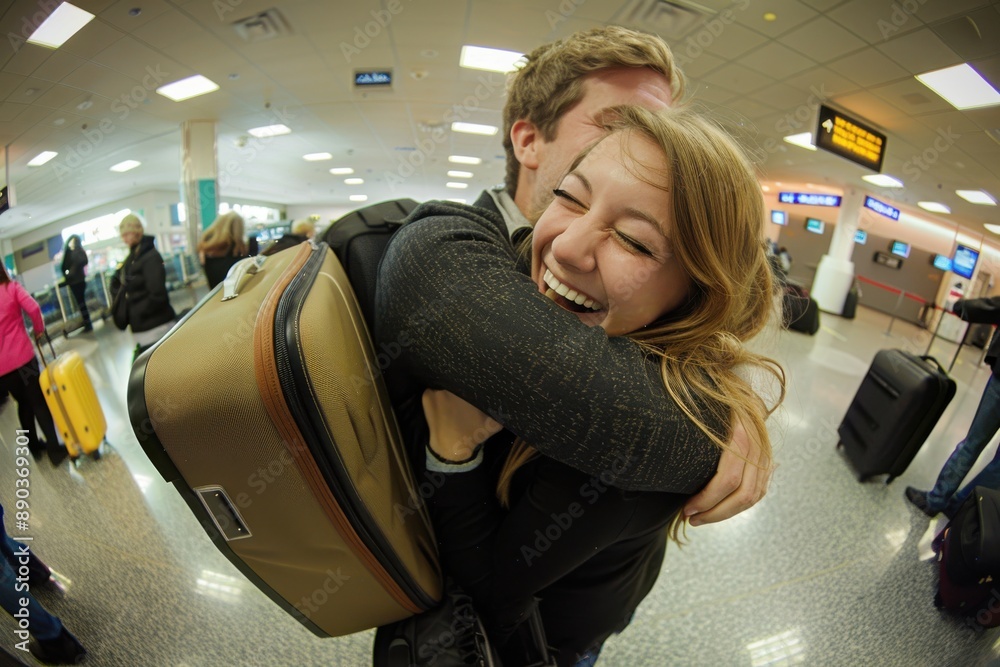 A moment of joy captured at an airport where two people greet each ...
