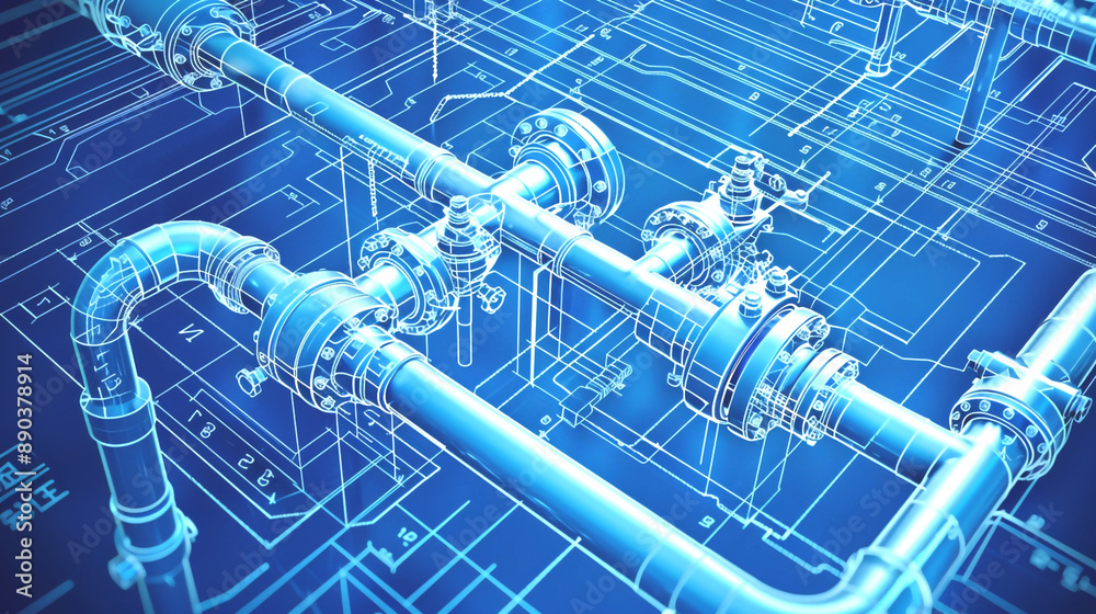 Building pipe and valve tube system architectural blueprint, industrial ...