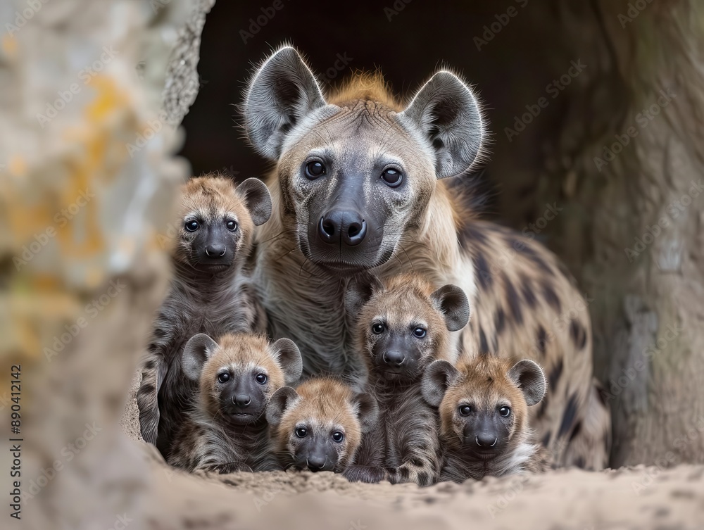 Hyena family in the wild, featuring an adult hyena with its five cubs ...