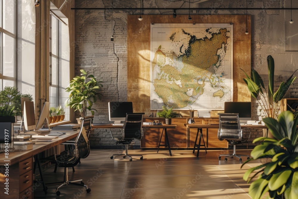 Modern Office with City Map, Real Estate Hubs Depicted for Property ...