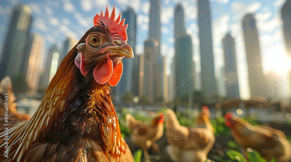Urban chicken farm with skyscrapers in the background, modern city ...