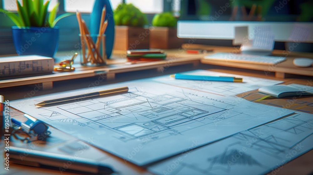 Architectural blueprints and drafting tools on a designer's desk ...