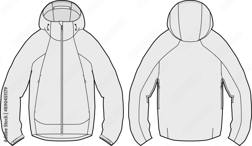 Hooded windbreaker softshell jacket technical CAD fashion illustration ...