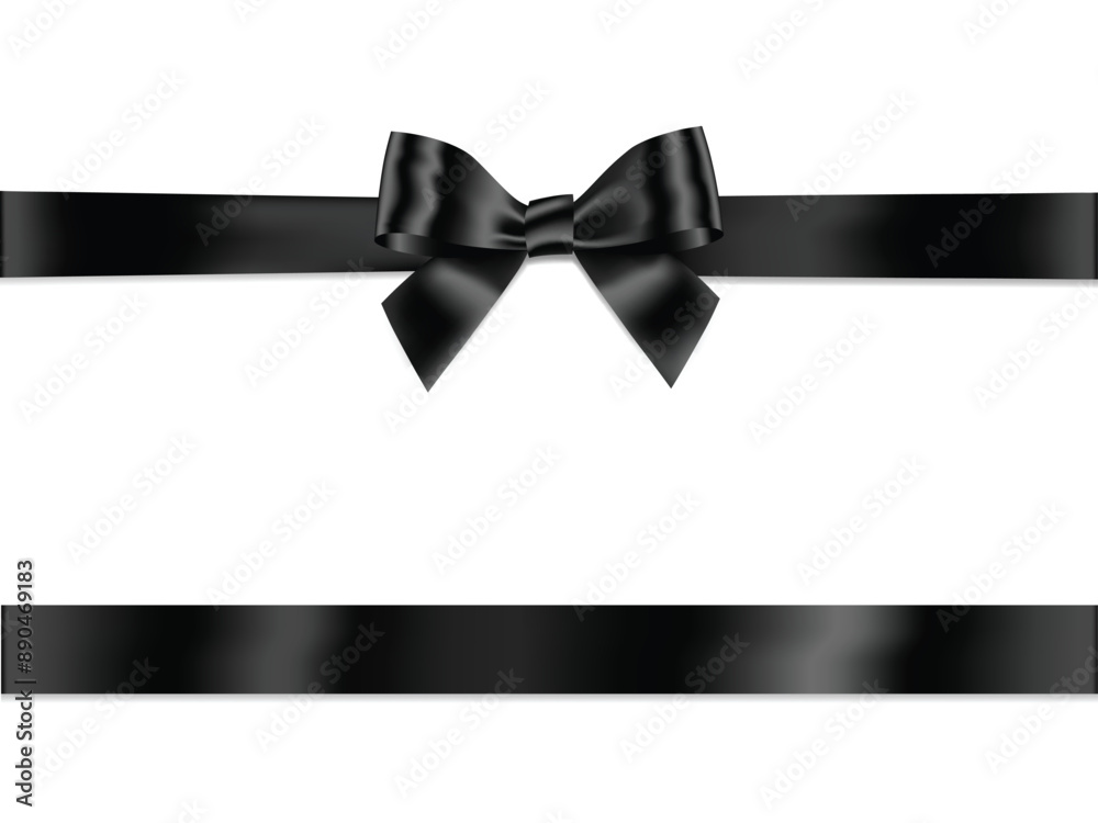 Black Ribbon Bow Realistic shiny satin with shadow horizontal ribbon ...