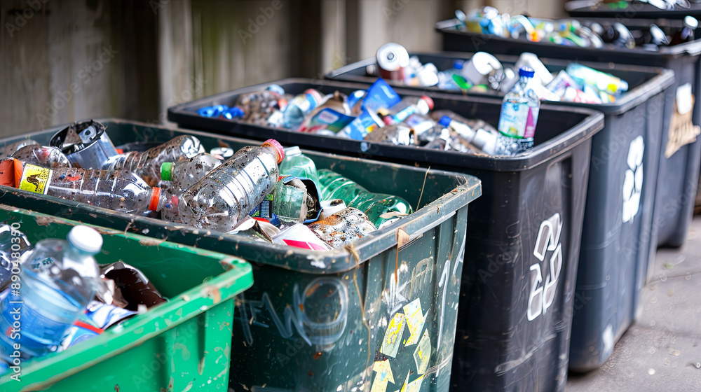Overflowing Recycling Bins Full of Plastic Bottles and Aluminum Cans ...