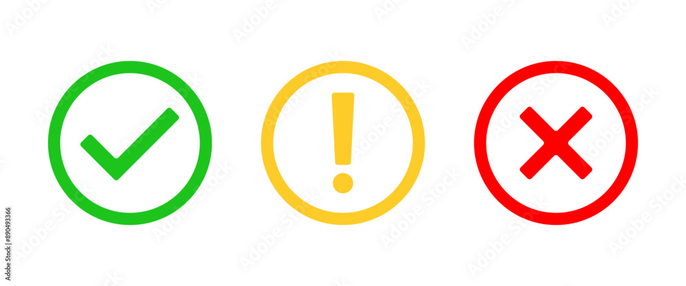 Decision making icon set of check mark, an x and warning exclamation ...