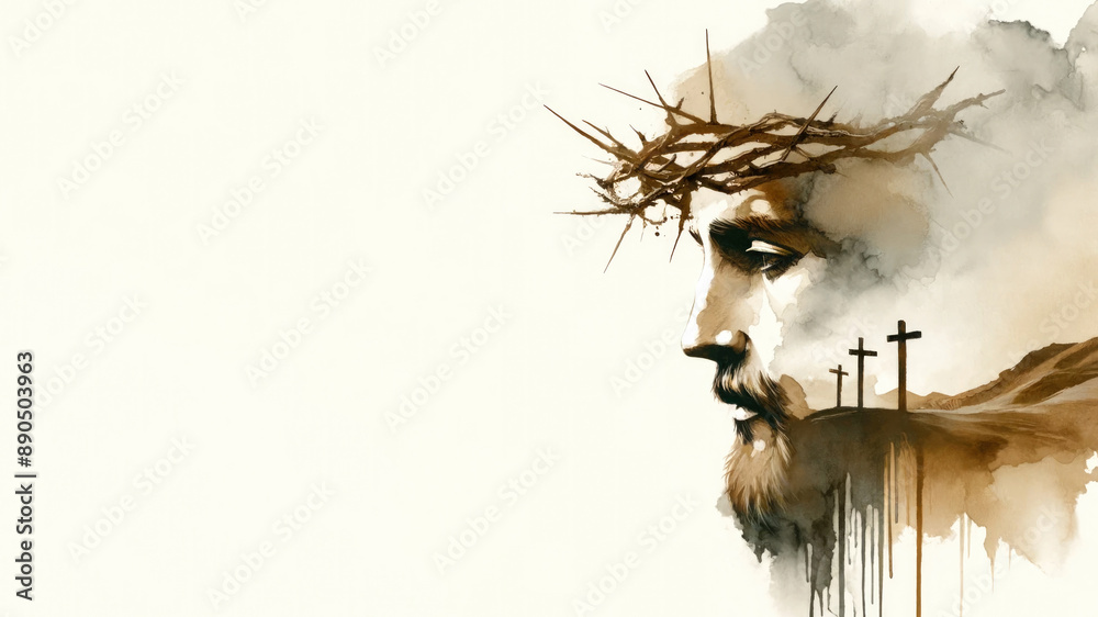 Digital portrait of Jesus Christ with crown of thorns on white ...