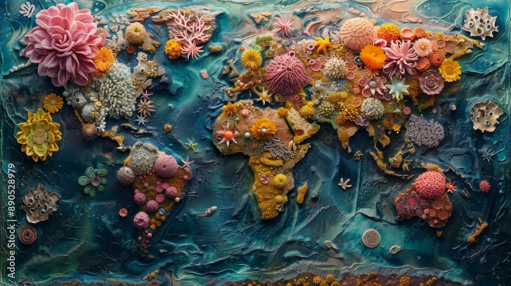 World map with countries depicted as various colorful bacteria and ...