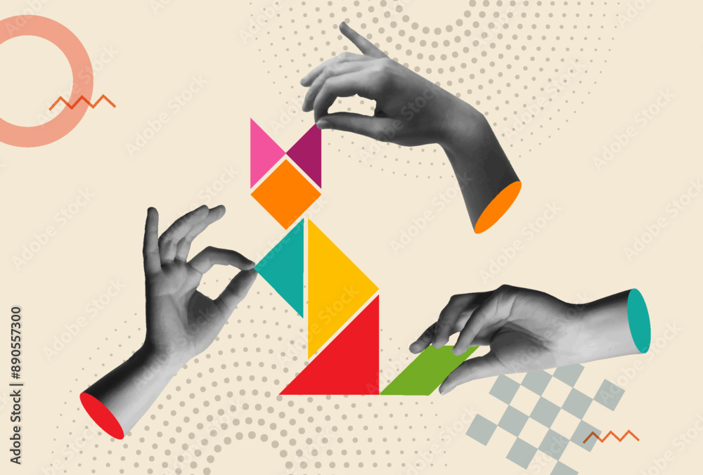 Human hands play tangram puzzle in retro collage vector illustration ...