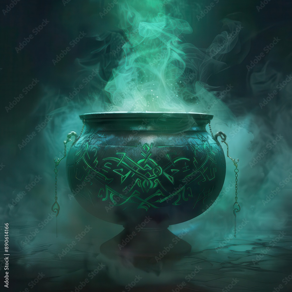 mystical cauldron emitting ethereal green mist ancient runes etched on ...