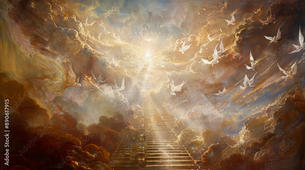 The vision of Jacob's ladder, with angels ascending and descending a ...