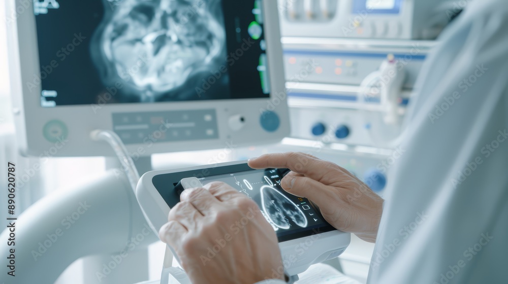 A doctor using a portable ultrasound device for quick diagnostics, in a ...