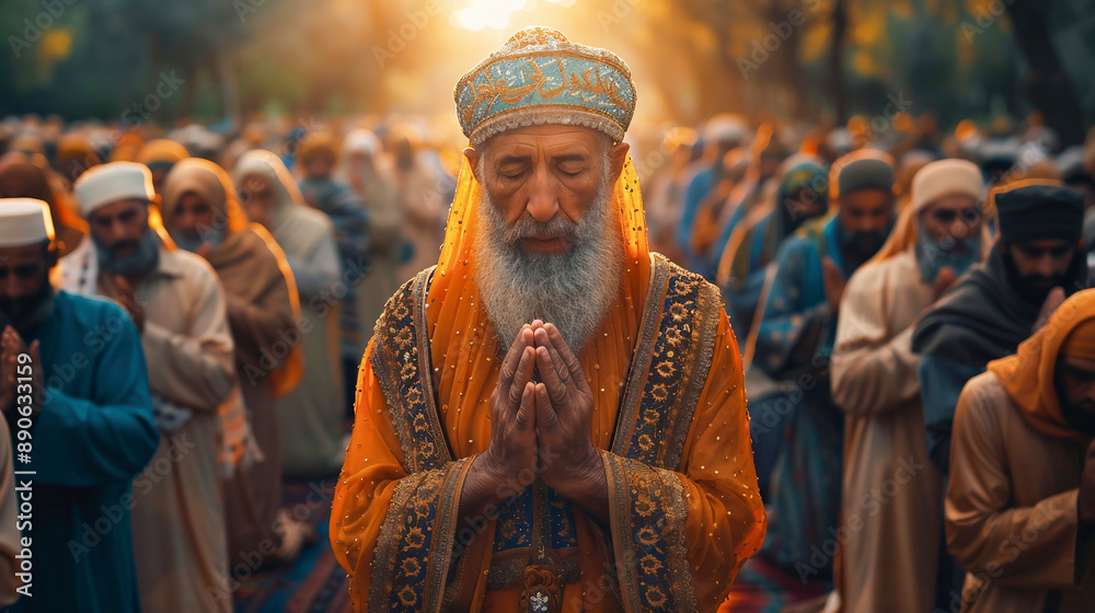 Muslims gathering for Eid al-Fitr prayer at mosques or outdoor prayer ...