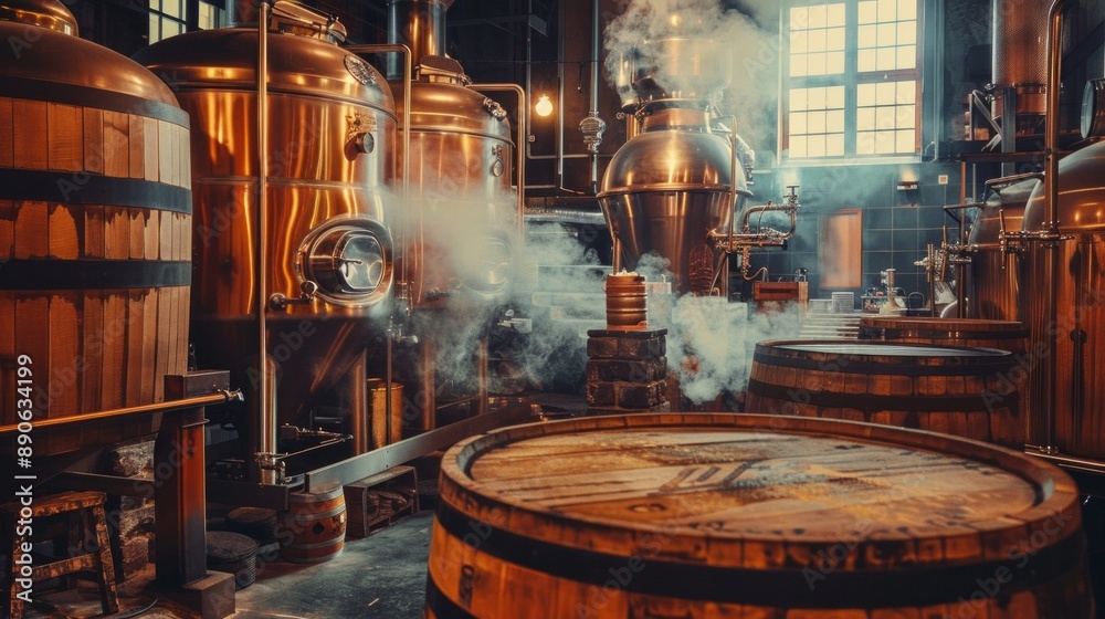 A rustic brewery scene with wooden barrels and copper kettles, steam ...