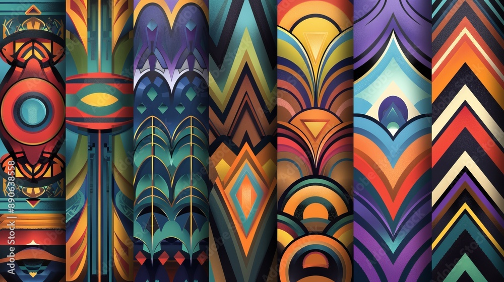 A diverse collection of art deco patterns showcasing bold and vibrant ...