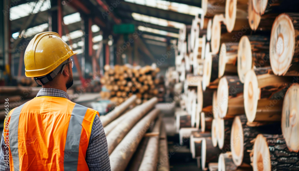 Construction worker in safety gear examining timber logs in a lumber ...