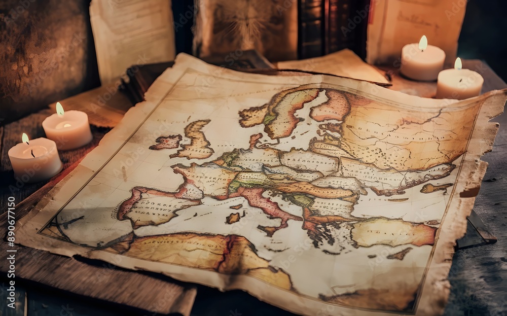 Medieval Map with Candlelight: An evocative photograph of a tattered ...