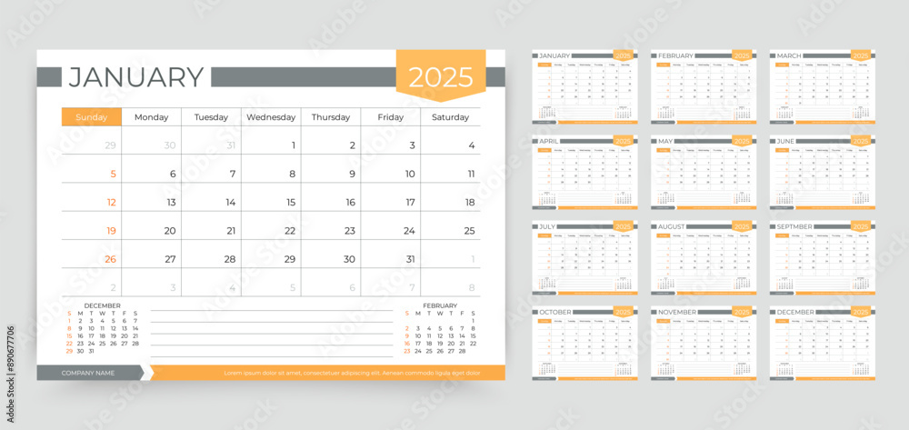 2025 calendar. Planner template. Week starts Sunday. Yearly calender ...