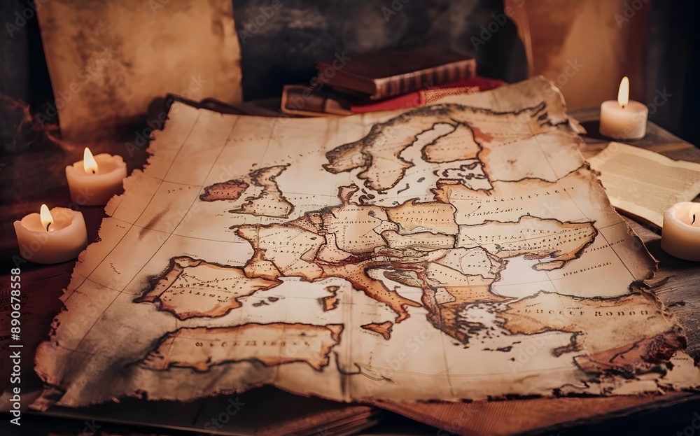 Medieval Map with Candlelight: An evocative photograph of a tattered ...