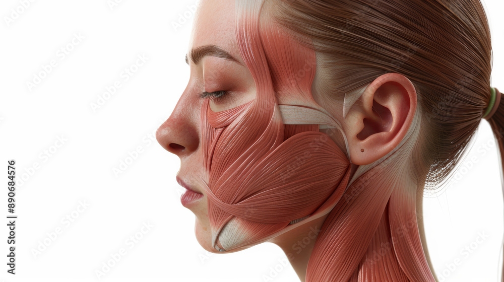 Anatomical illustration of a woman's head and neck in side profile ...