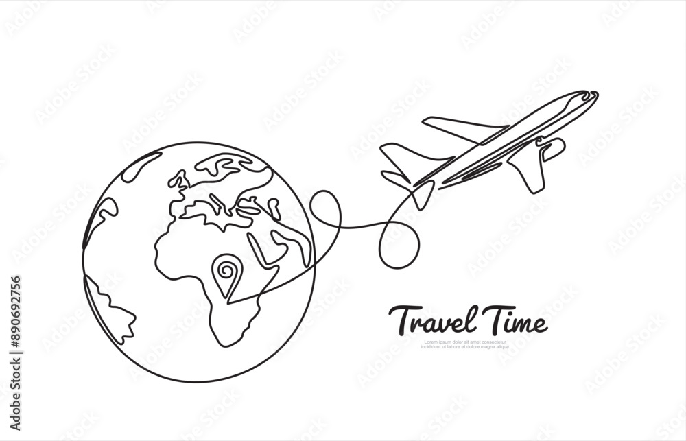 One continuous line drawing of Earth globe with airplane. Flight route ...