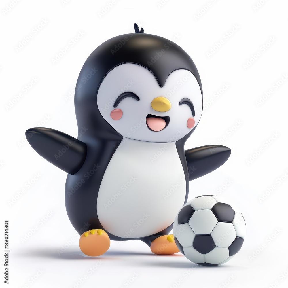 The Clipart of A cheerful 3D kawaii penguin playing soccer on a white ...