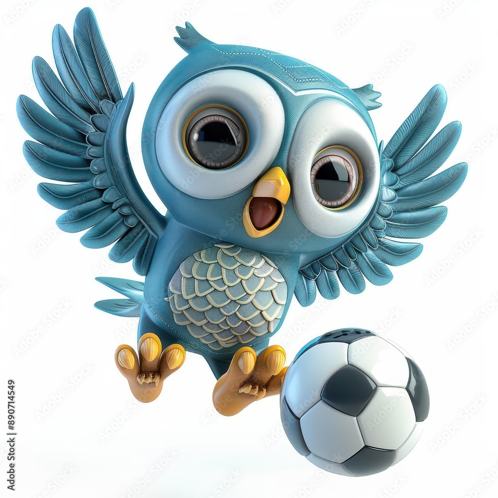 The Clipart of A cheerful 3D kawaii owl playing soccer on a white ...