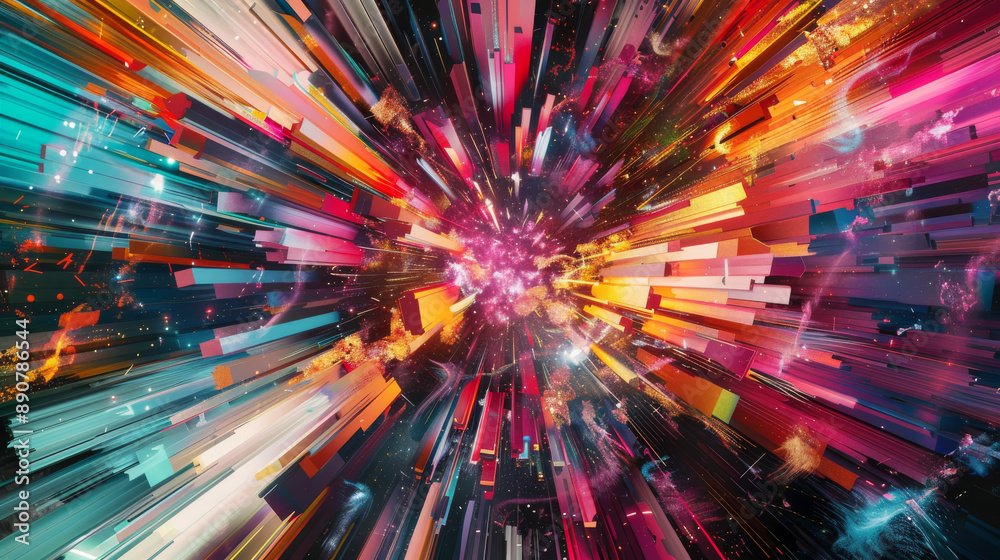 Lines and colors burst out from a center point, creating an exciting ...