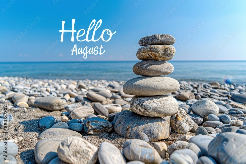 "Hello August", beach themed text in the middle of a photo with a ...