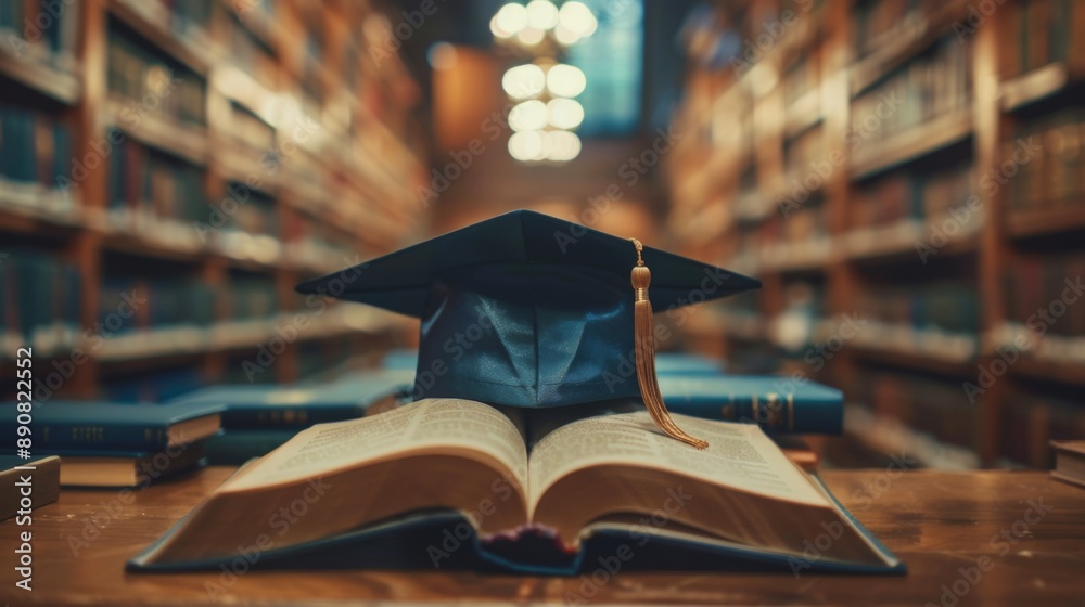 Graduation Cap on Open Book in Library Stock Illustration | Adobe Stock
