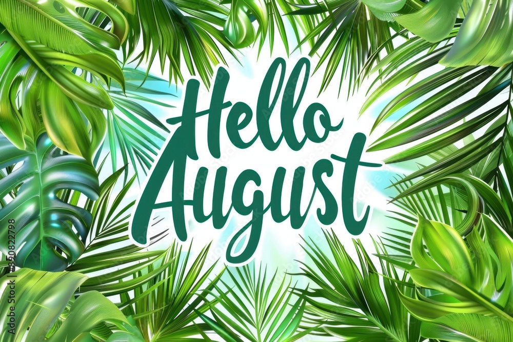 A sunny, tropical background with palm trees and the text "Hello August ...