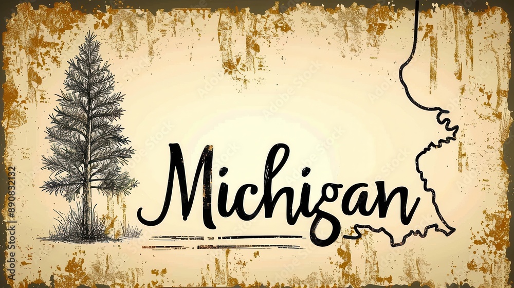 Vintage Michigan Poster with Pine Tree and Outline - Rustic Michigan ...